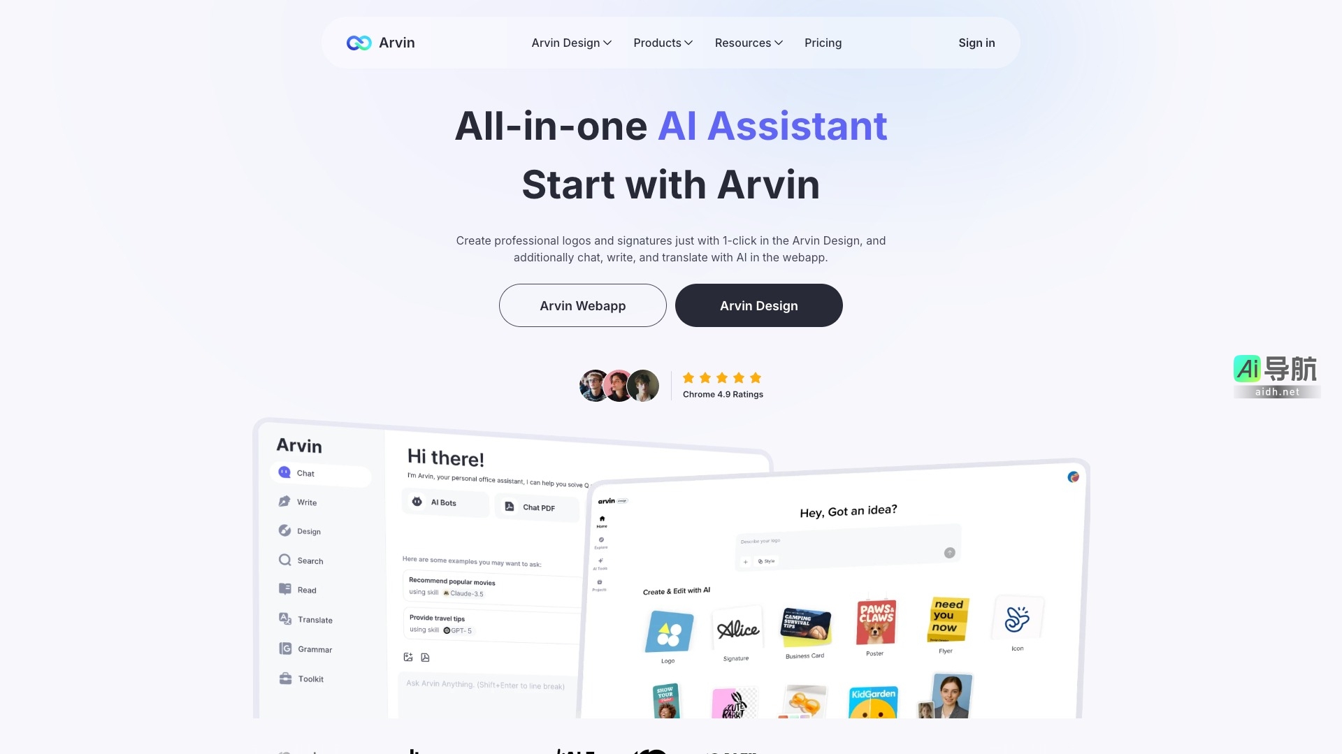 Arvin 是全能AI助手，提供一键生成专业logo、签名及多种智能写作翻译功能-AI导航